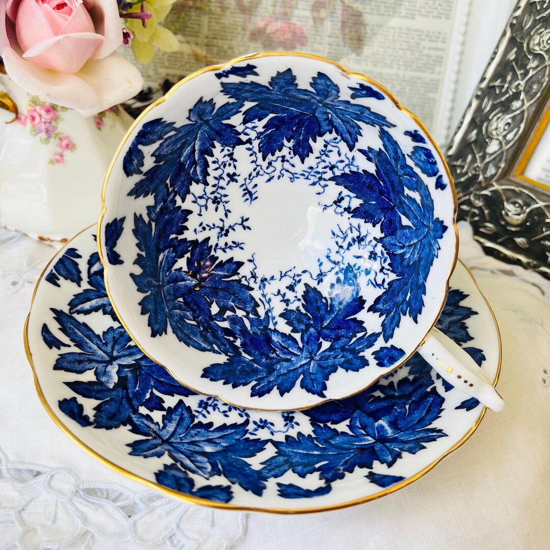 Cobalt Blue Coalport Oak Leaf Teacup and Saucer, Blue and White China ...