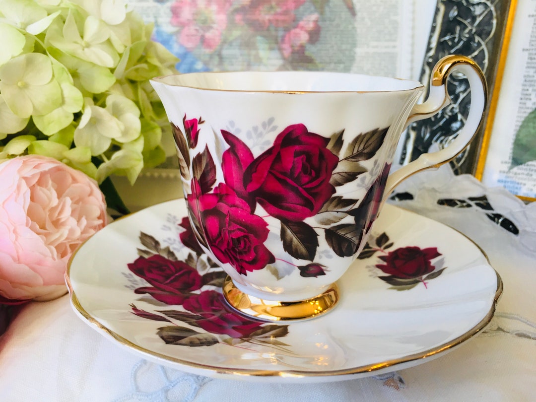 Adderley Red Roses Teacup and Saucer in a Fluted Shape, Vintage English ...