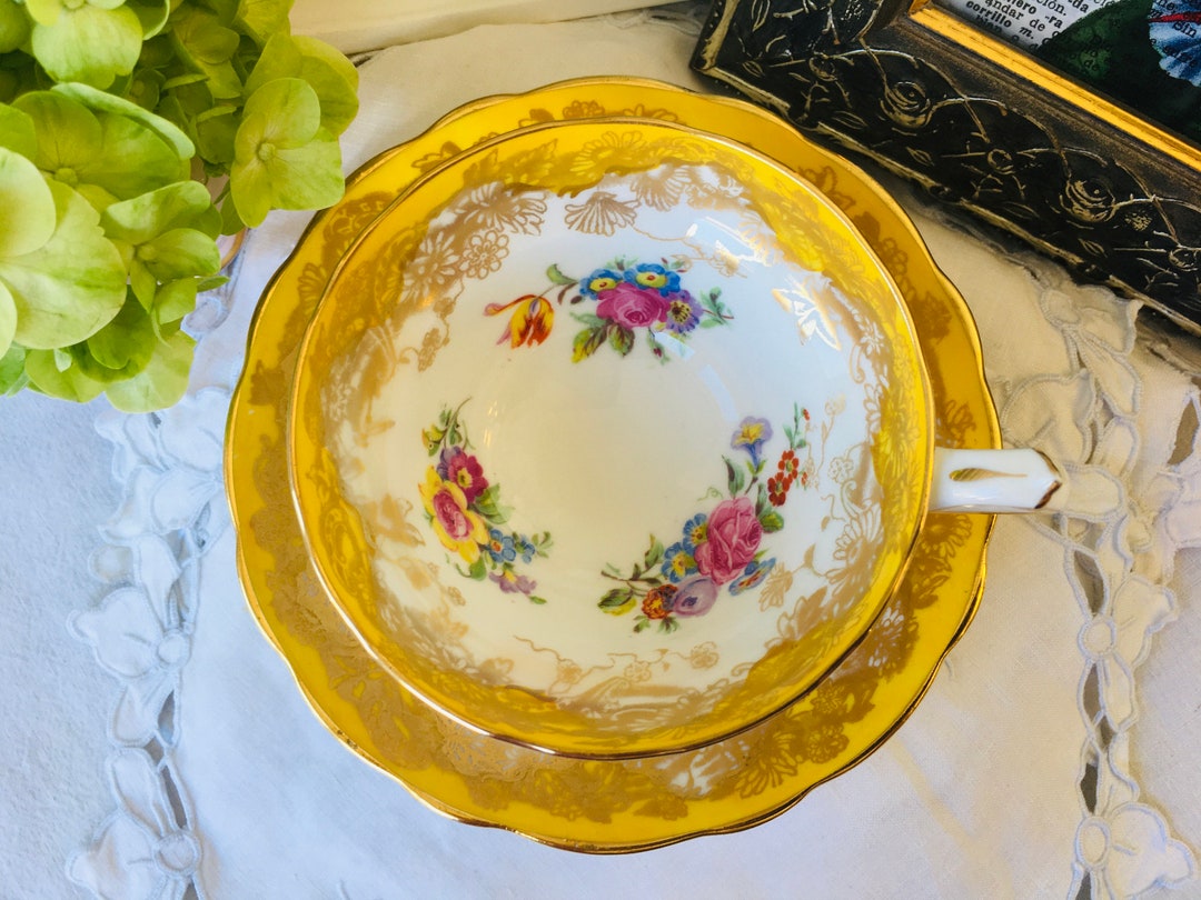 Footed Hammersley Yellow and Gold Lace Teacup and Saucer, English Tea ...