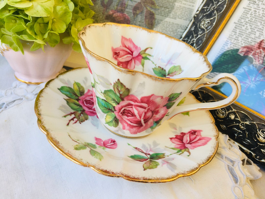Pink Cabbage Rose Tea Cup and Saucer in Fluted Shape, Royal Stafford ...
