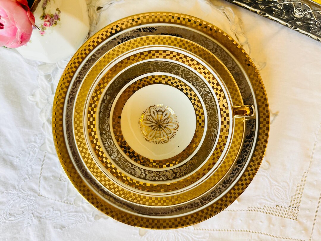 Winterling Bavaria Teacup, Saucer, Plate, Grey and Gold Checkered Art ...