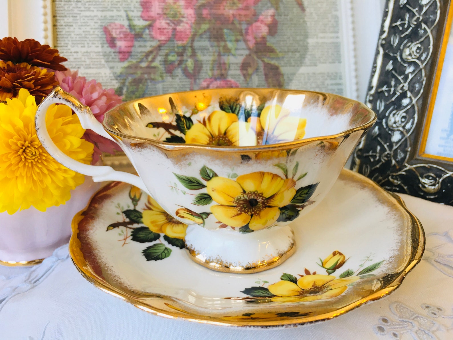 Queen Anne Avon Shaped Yellow Roses Teacup and Saucer Heavy - Etsy