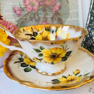 Queen Anne Avon Shaped Yellow Roses Teacup and Saucer, Heavy Gold Trim ...