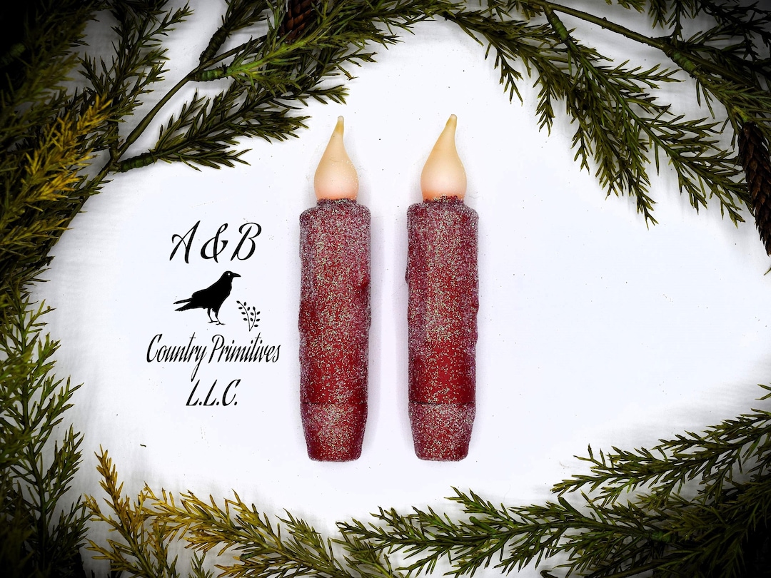 Set of TWO (2) Red Glittered 4 Inch LED Wax Dipped Taper Candles With ...