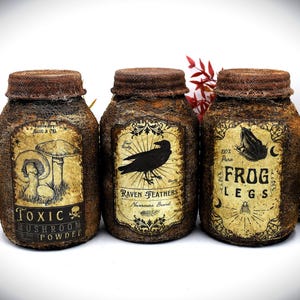Aged Halloween Apothecary Jars: Raven Feathers, Frog Legs, Witch Decor ...