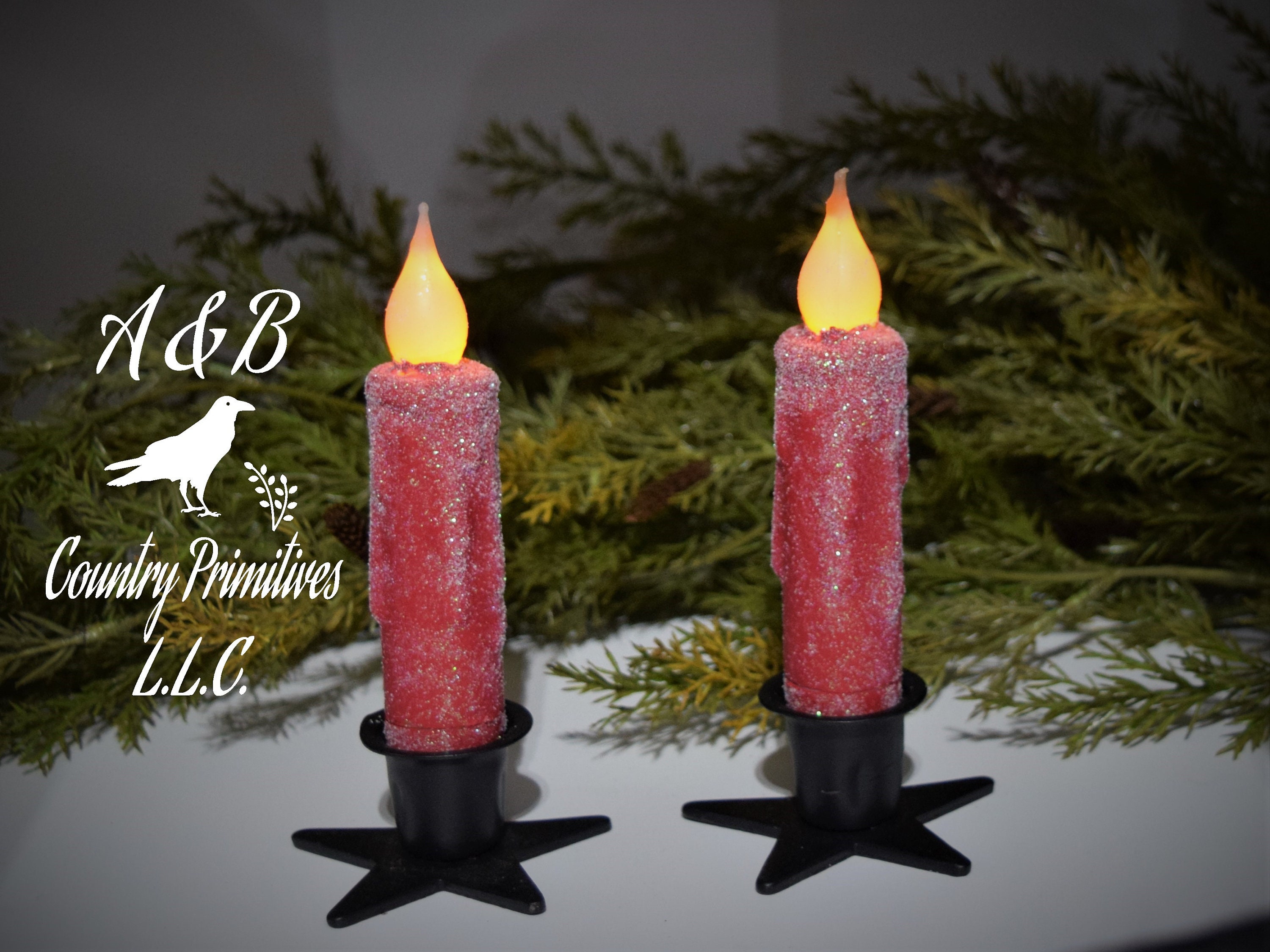 Set of TWO (2) Red Glittered 4 Inch LED Wax Dipped Taper Candles With ...