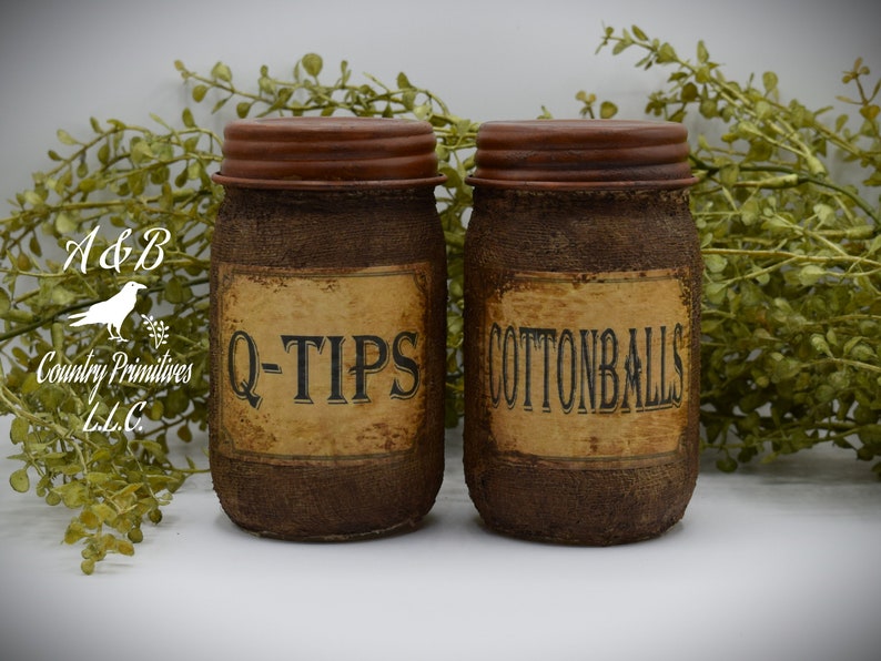Primitive Bathroom Jar Set: Q-tips & Cotton Balls - Etsy