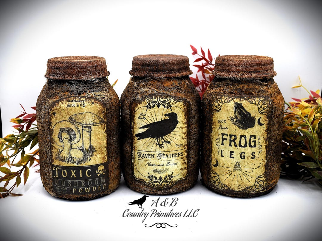 Aged Halloween Apothecary Jars: Raven Feathers, Frog Legs, Witch Decor ...