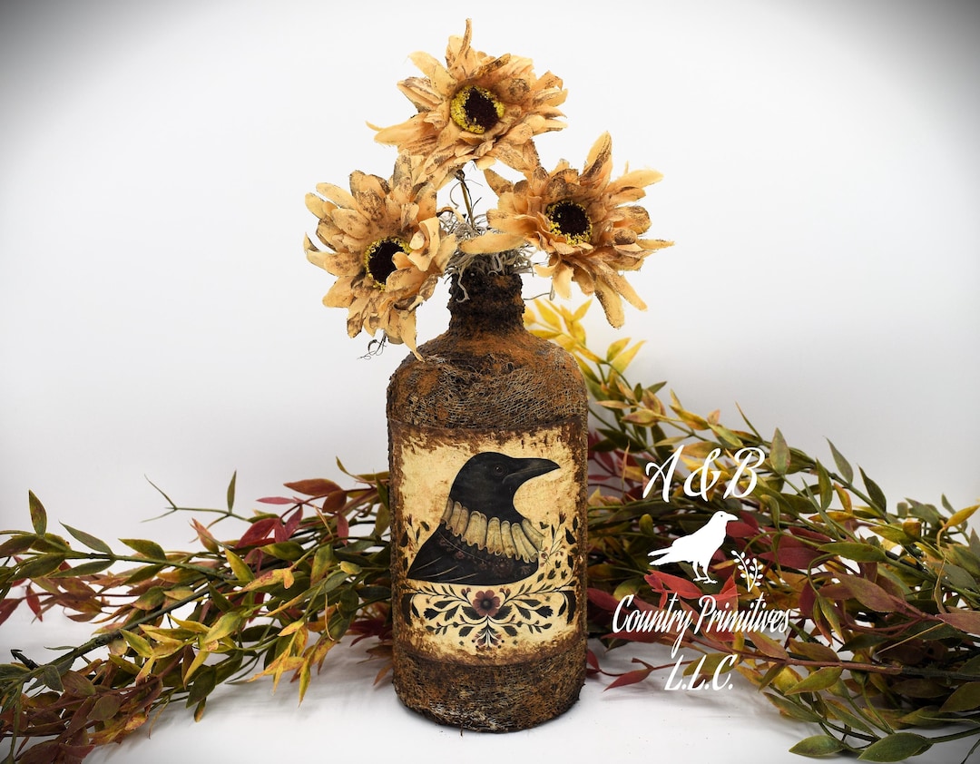 Primitive Madame Crow Grubby Bottle Sunflower Arrangement: Country ...