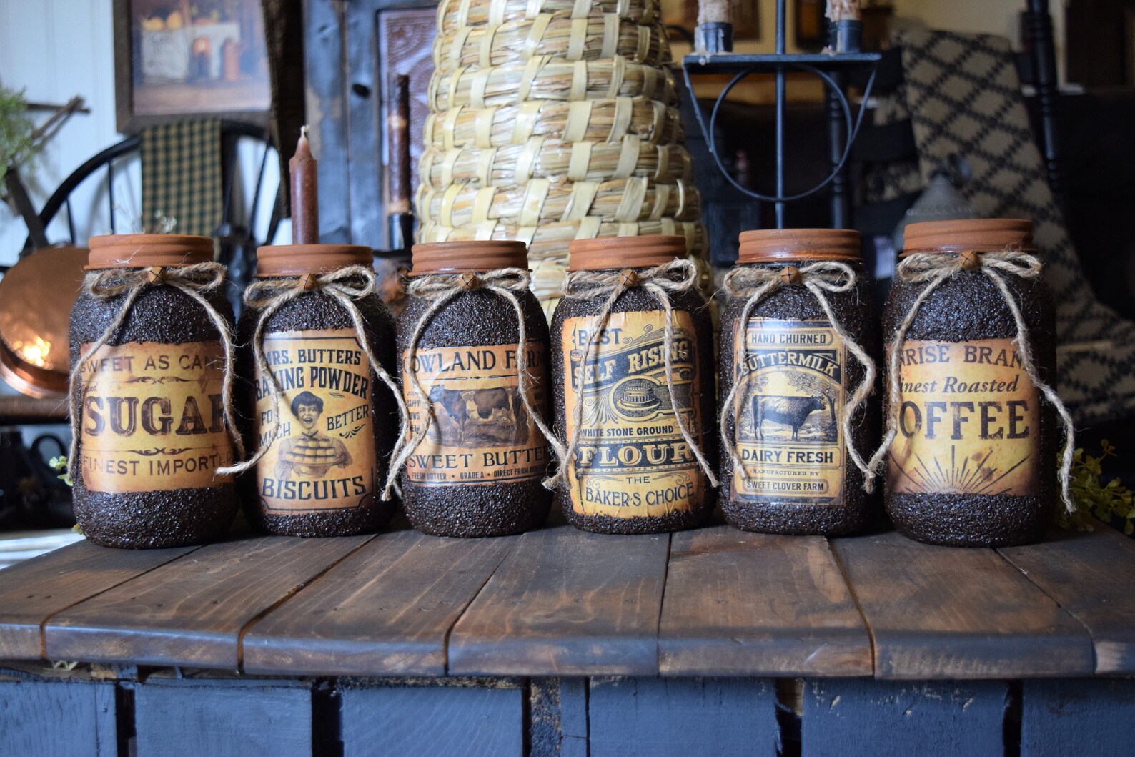 Set of 6 Primitive Farmhouse Grubby Pantry Jars, Country Home and ...