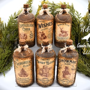Primitive Christmas Potion Bottles: Country Farmhouse Christmas Decor ...