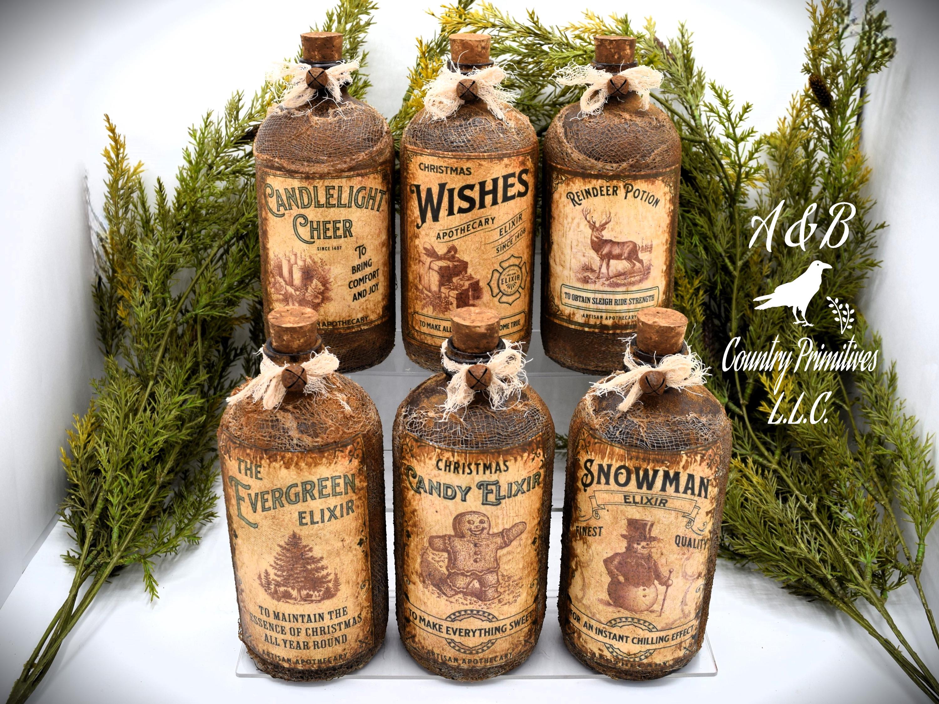 Primitive Christmas Potion Bottles: Country Farmhouse Christmas Decor ...