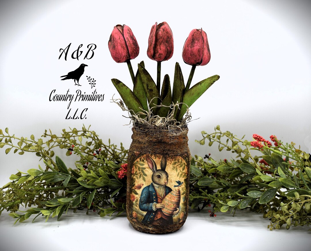 Primitive Easter Bunny Tulip Arrangement: Country Farmhouse Spring ...
