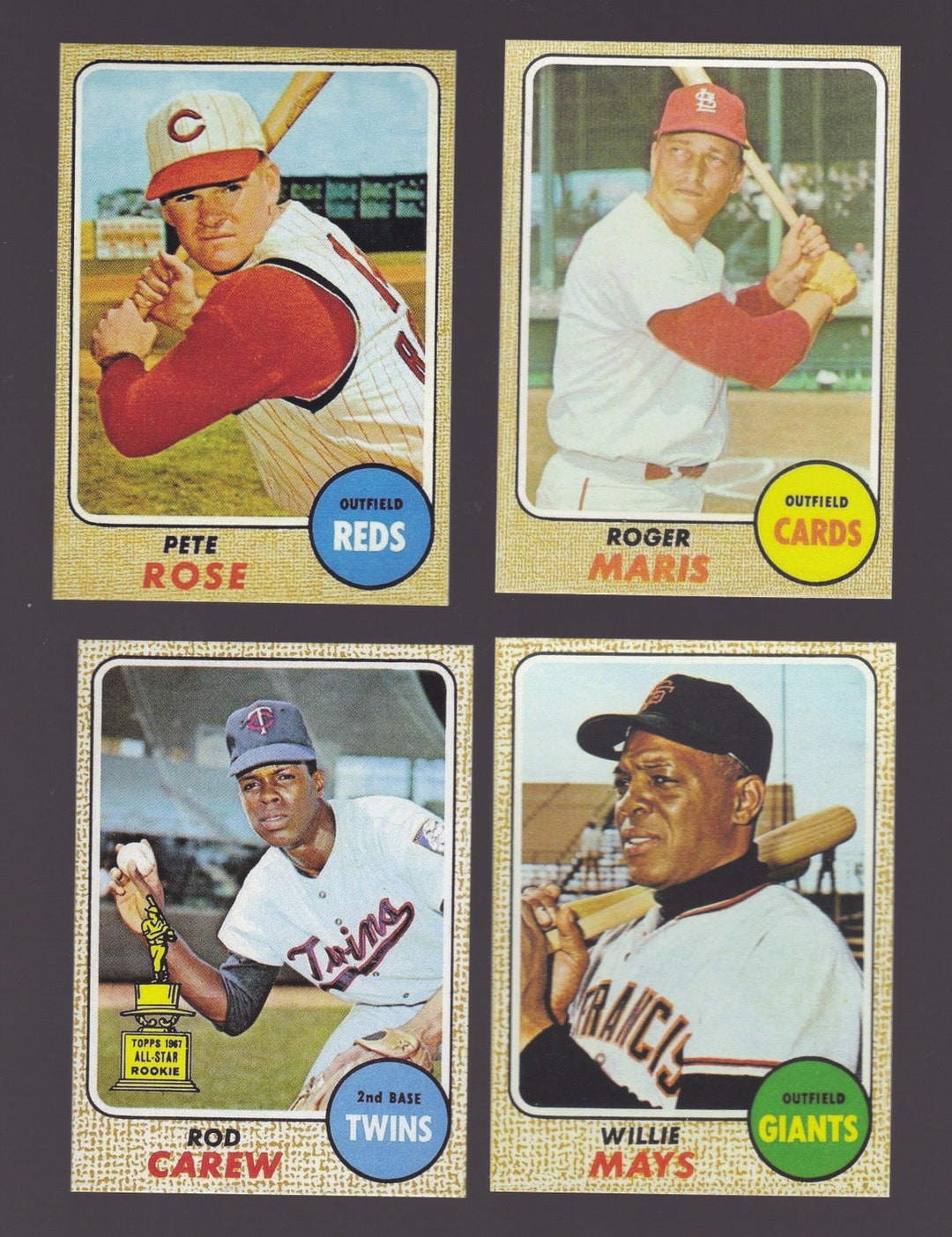 Lot of 4 Classic 1968 Pete Rose Willie Mays Roger Maris Last Card Rod ...