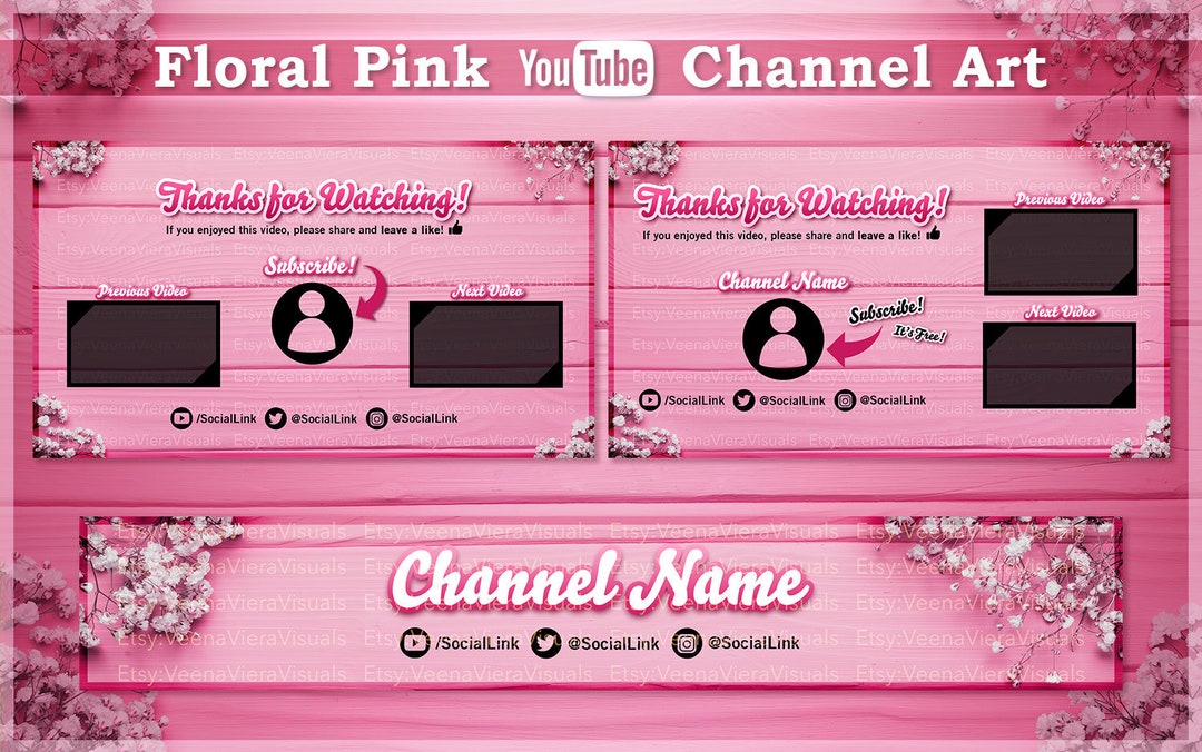 Floral Pink Youtube Channel Art Set End Screen End Slate - Etsy