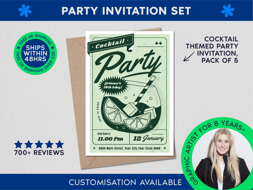 Cocktail Party Invitation Pack of 5 W/ Envelopes | 18th Birthday Hen-do ...