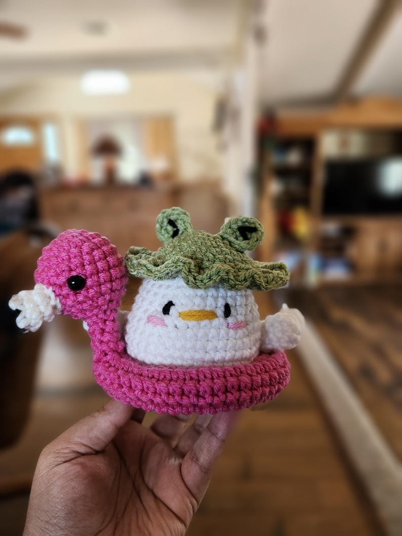 Chick Amigurumi With Flamingo Float & Frog Hat – Handmade Crochet Plush ...