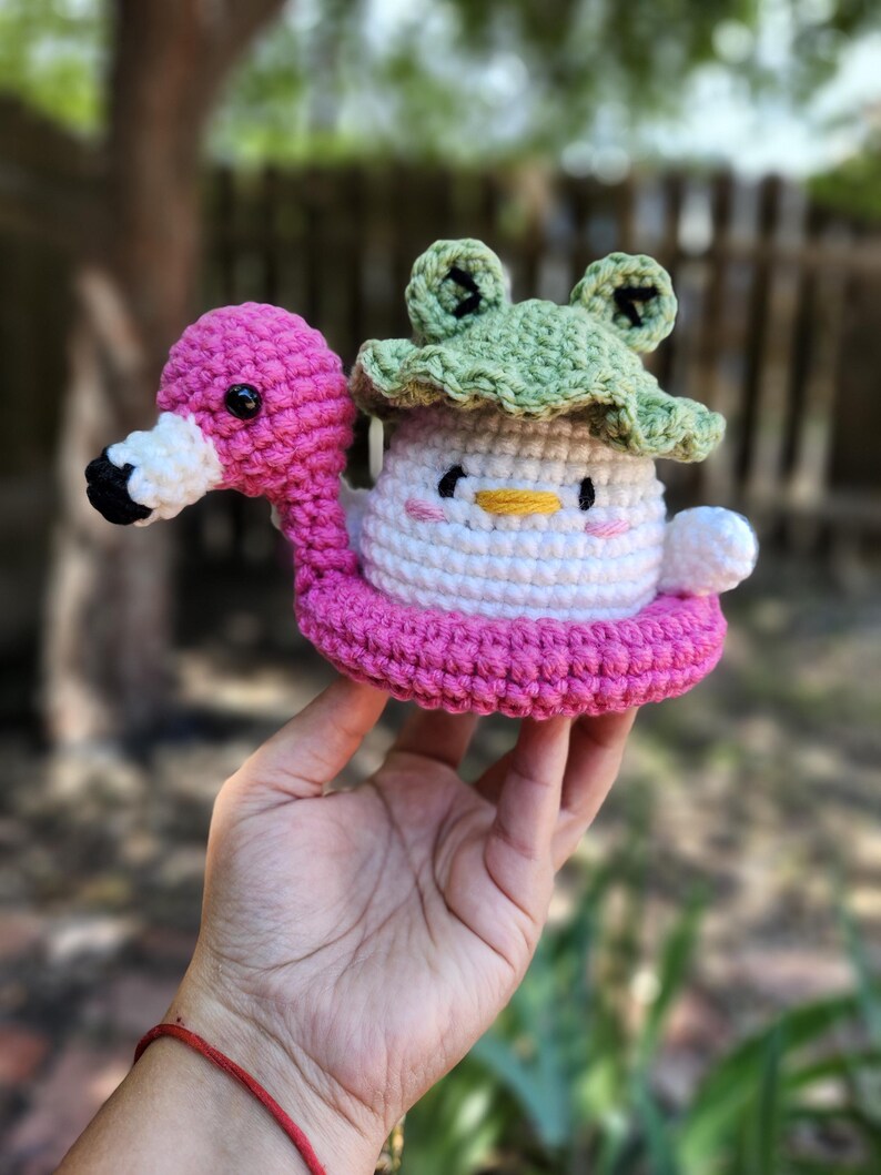 Chick Amigurumi With Flamingo Float & Frog Hat – Handmade Crochet Plush ...