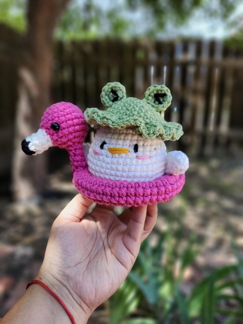 Chick Amigurumi With Flamingo Float & Frog Hat – Handmade Crochet Plush ...