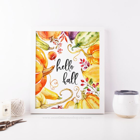 Hello Fall Printable Wall Art Watercolor Pumpkins Print Fall | Etsy