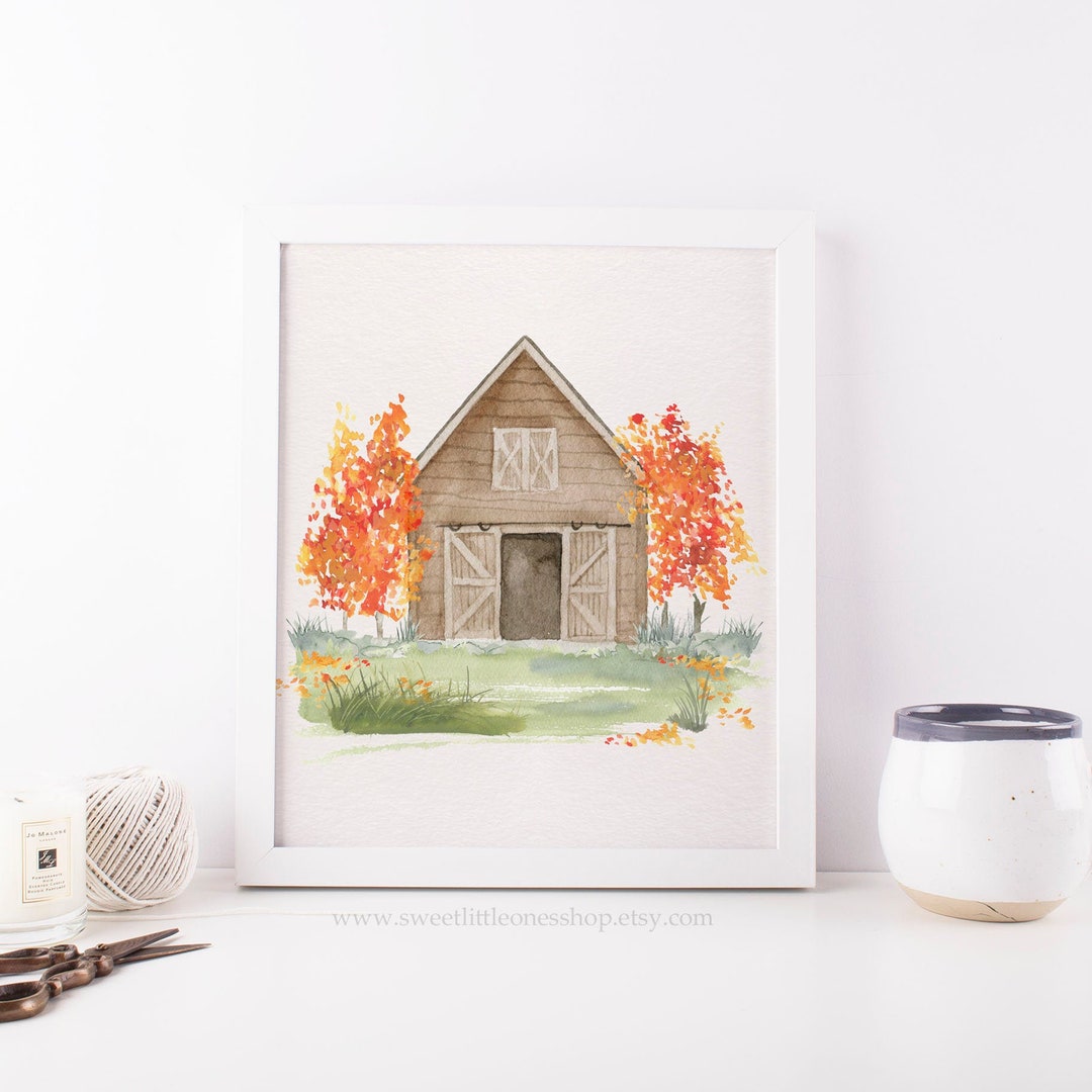 8x10, 5x7 Barn in the Fall Print Watercolor Farm Print Fall Print ...