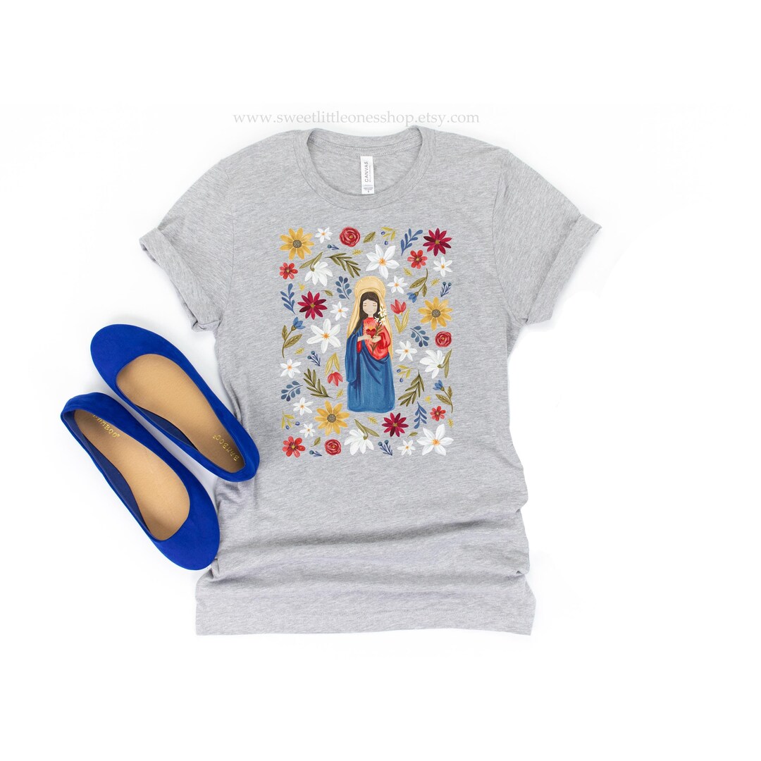 Immaculate Heart of Mary Floral Catholic Womens T-shirt Our Lady Tee ...