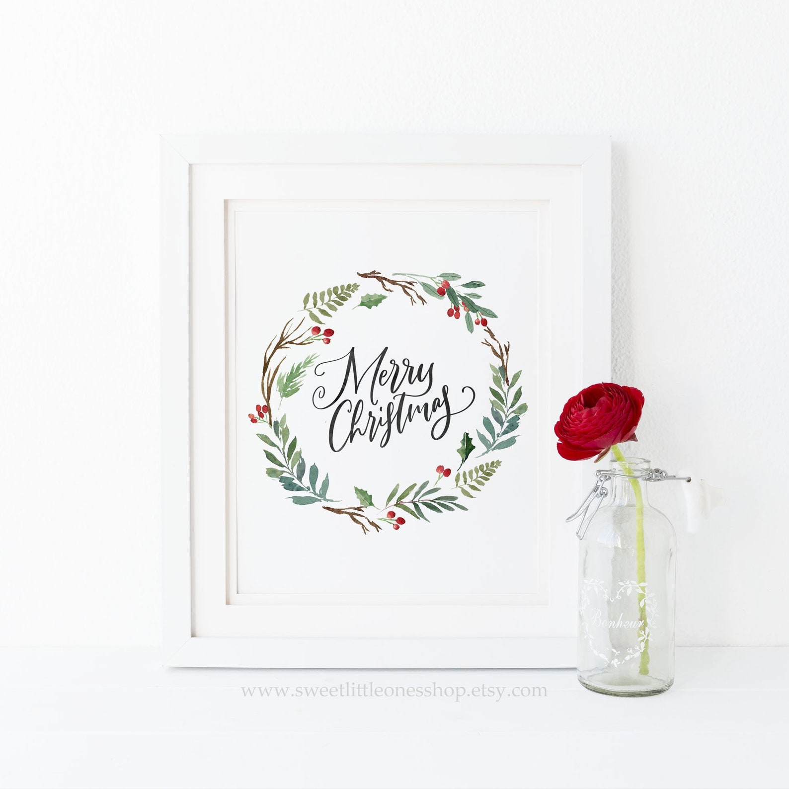 Merry Christmas Printable Wall Art Christmas Holly Wreath - Etsy