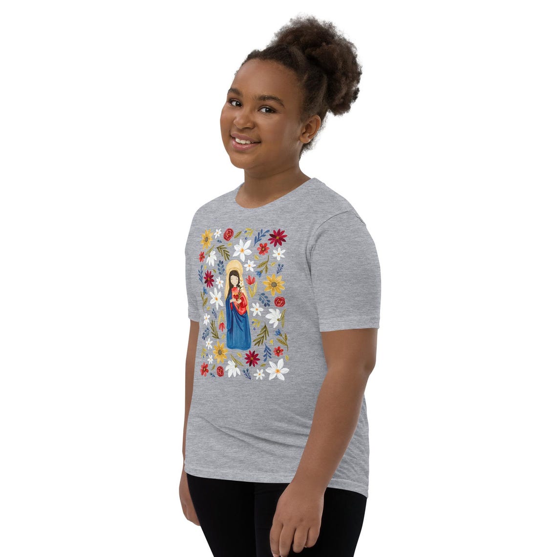 YOUTH Immaculate Heart of Mary Floral Catholic Kids T-shirt Our Lady ...