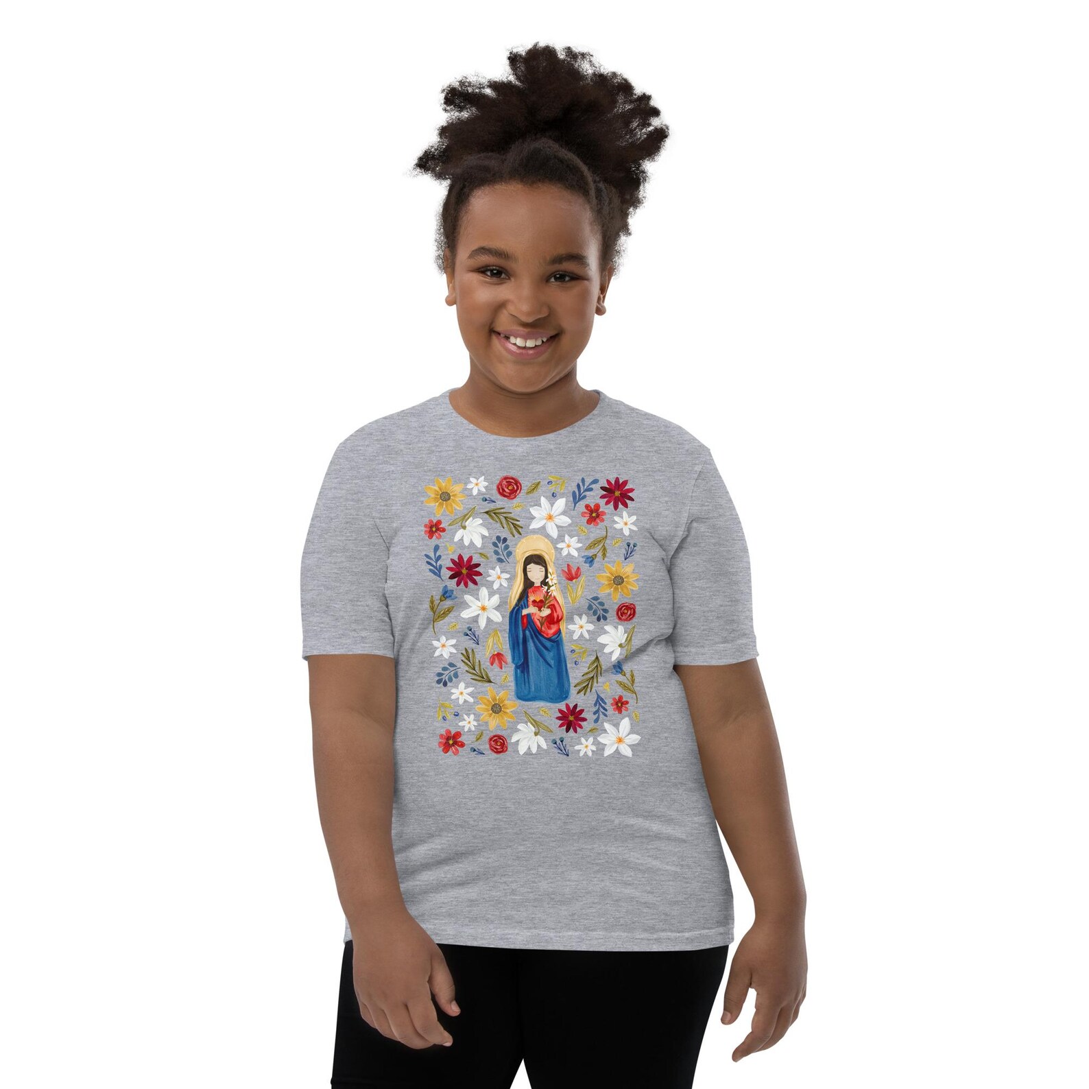 YOUTH Immaculate Heart of Mary Floral Catholic Kids T-shirt Our Lady ...