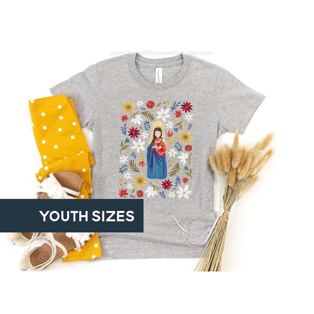 YOUTH Immaculate Heart of Mary Floral Catholic Kids T-shirt Our Lady ...