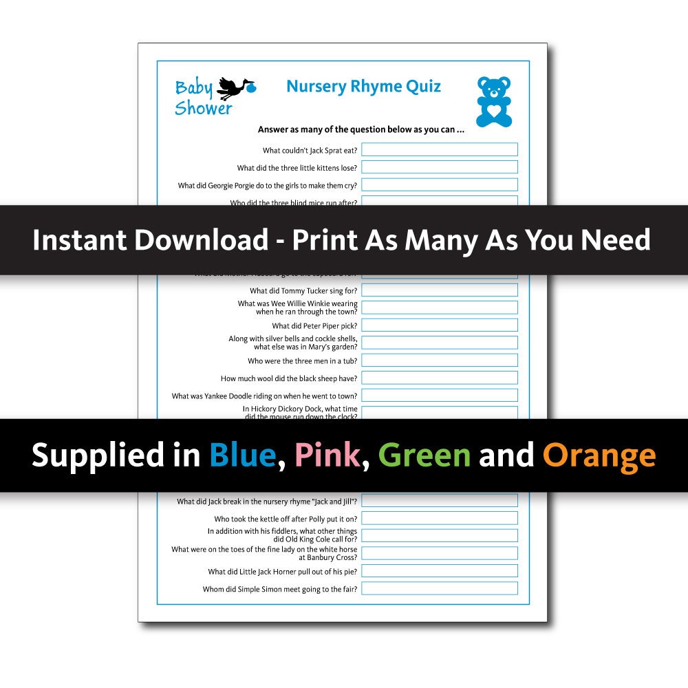 Nursery Rhyme Quiz Baby Shower Game Instant Download - Fun Printable ...