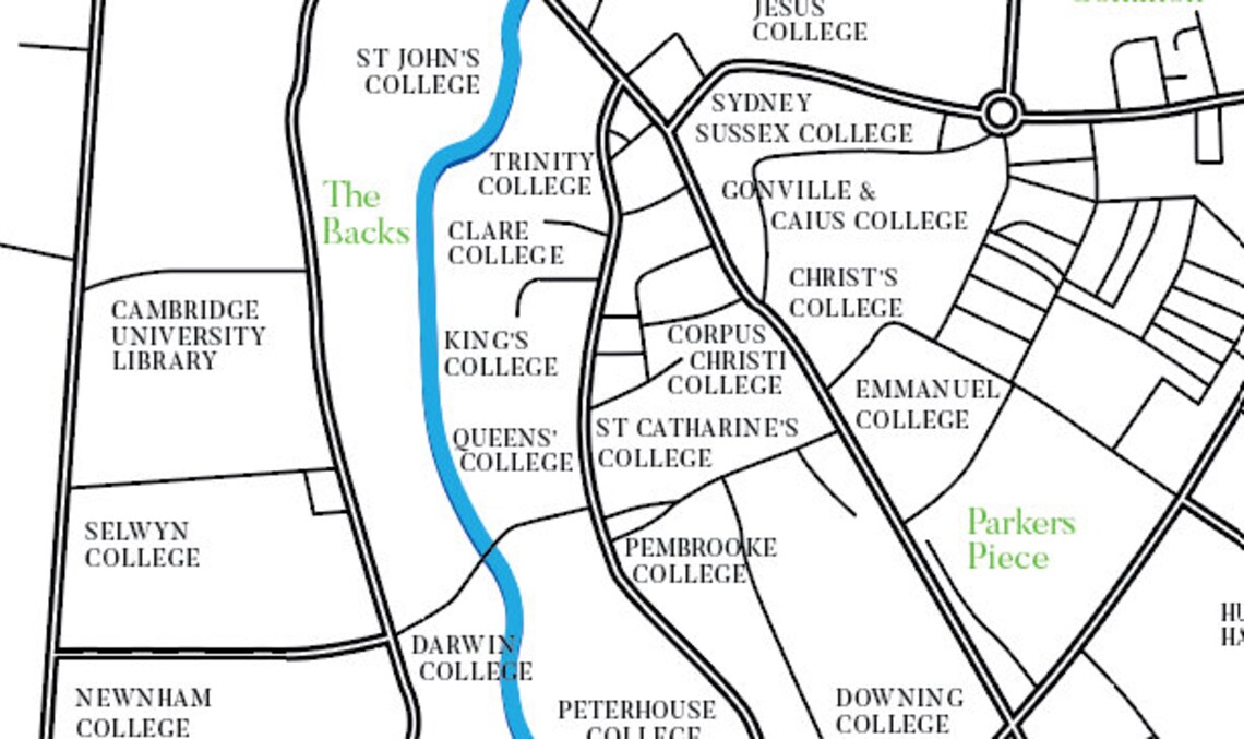 Hand-drawn A3 or A4 Map of Cambridge City Centre Including University ...