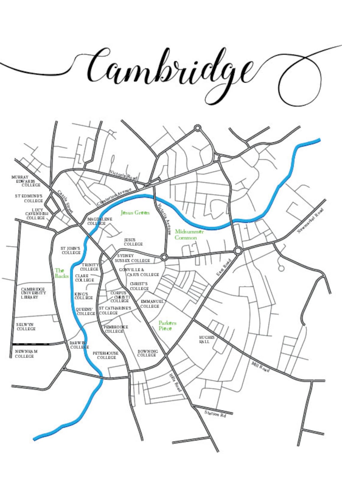 Hand-drawn A3 or A4 Map of Cambridge City Centre Including University ...