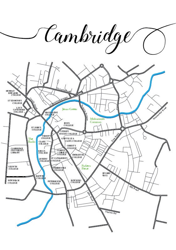 Hand-drawn A3 or A4 Map of Cambridge City Centre Including University ...