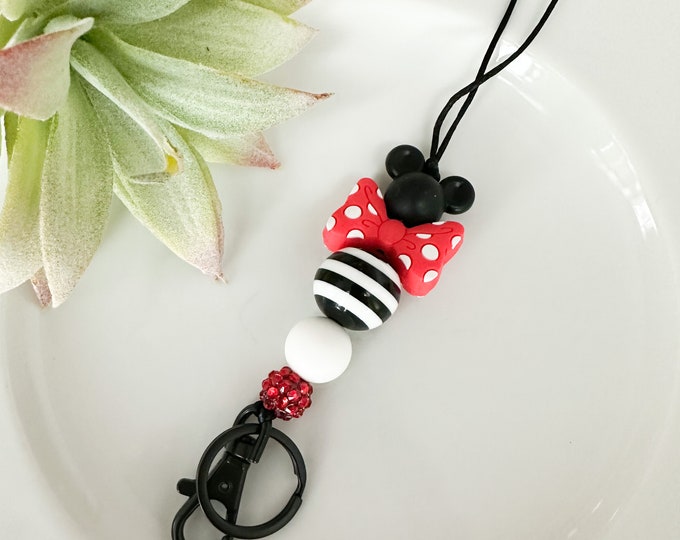 Minnie Mouse Bow Themed Silicone and Wood Bead Teacher Lanyard ...