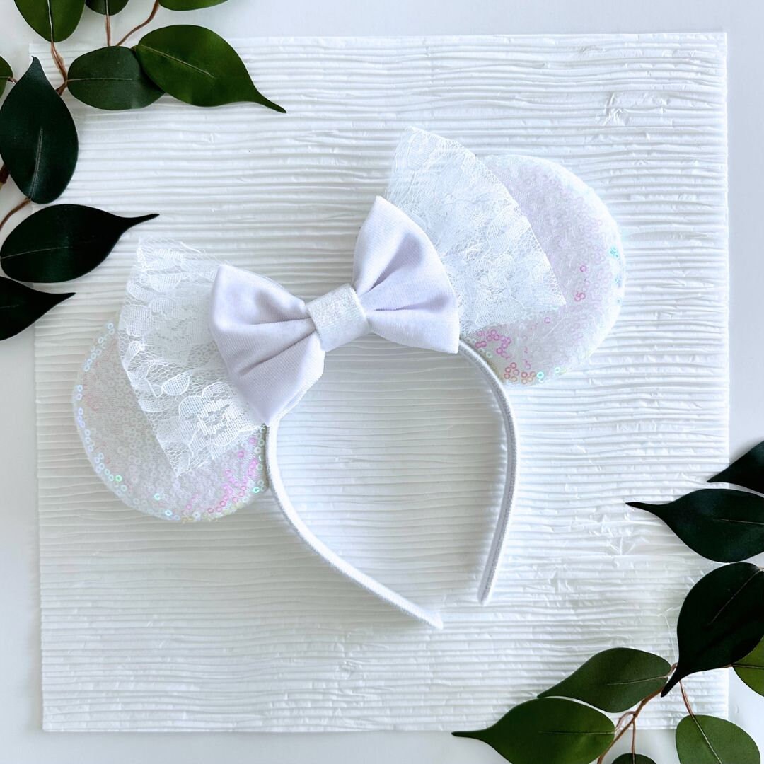 Mouse Ears White Lace Bride Wedding Style Mouse Ears Headband Mouse ...