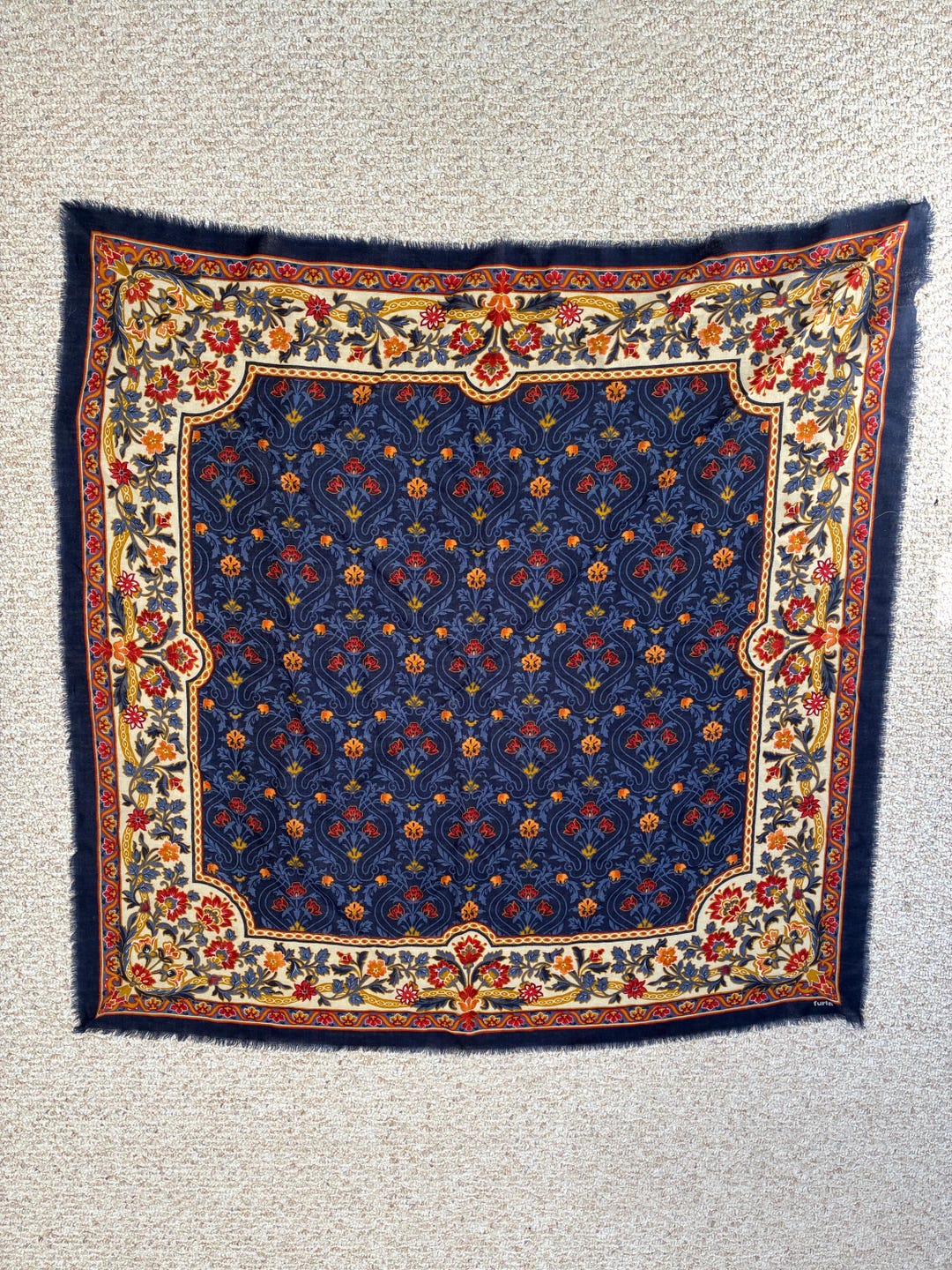 Furla Scarf Floral Navy Blue Golden Red Wool Square 45" - Etsy