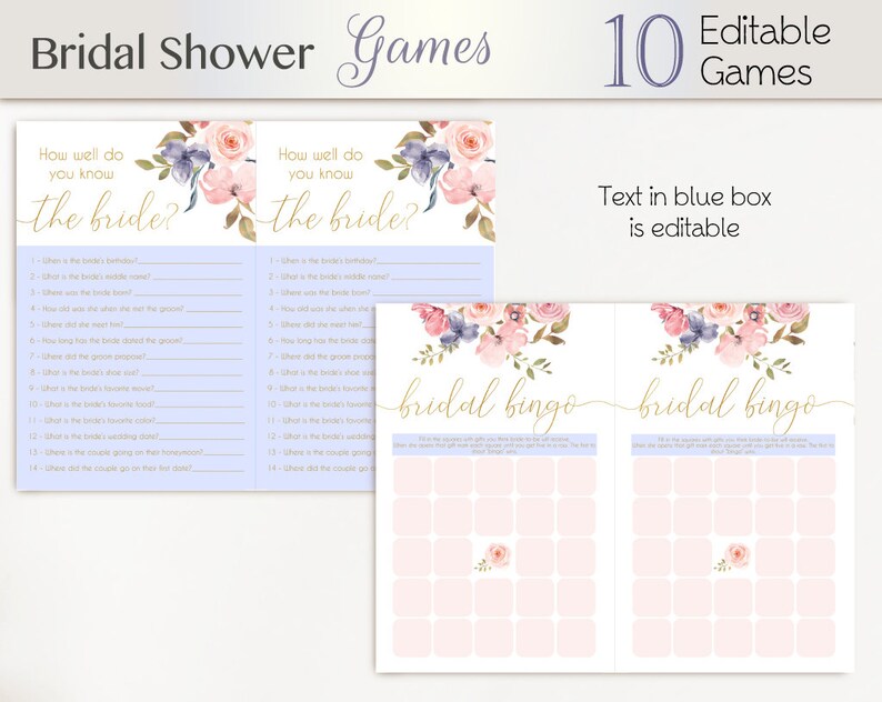 Bridal Shower Games Romantic Blush Pink Blue Niagara Flowers Editable ...