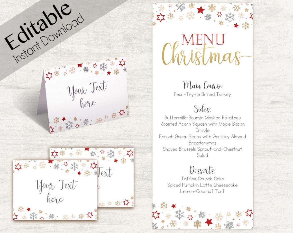 Menu Christmas Template, Editable Menu, Editable Tent Card, Place Card ...