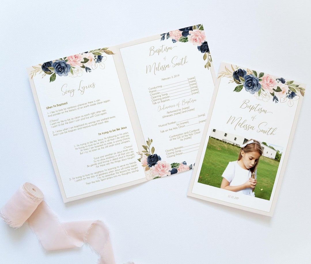 Editable Baptism Program, Printable Digital Handout Girl Baptism, Navy ...