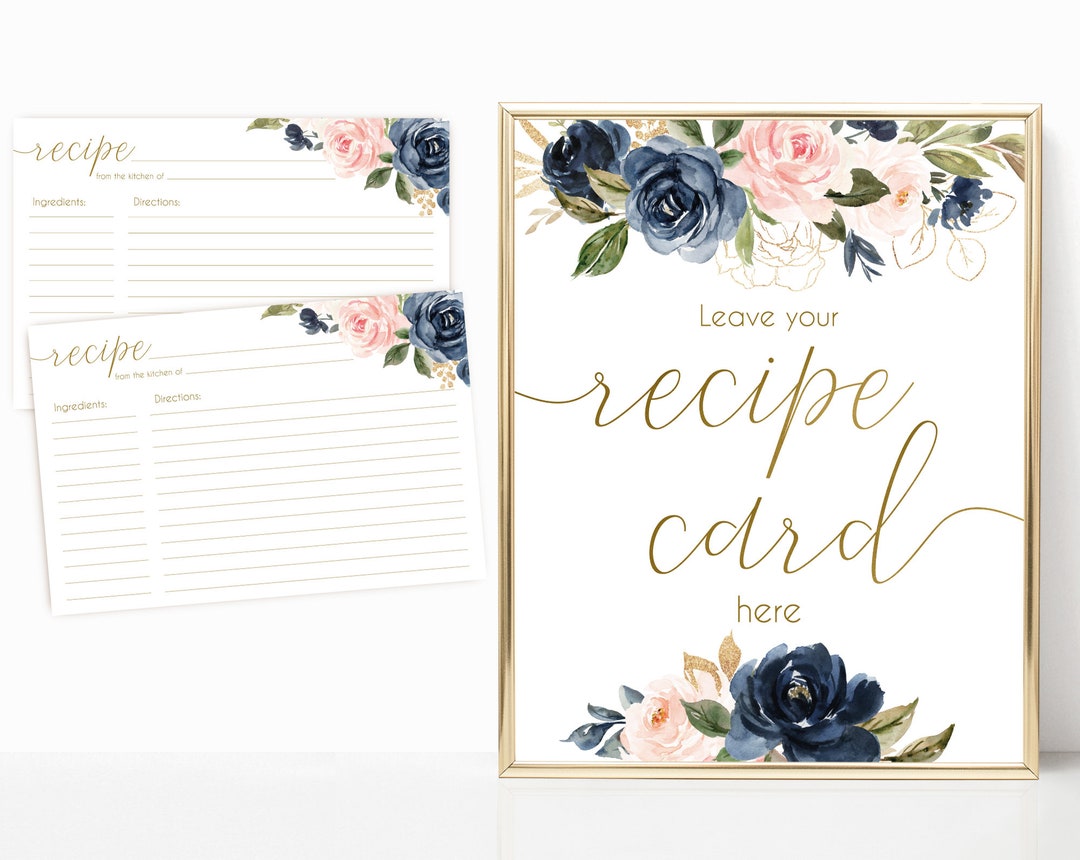 Recipe Cards Bridal Shower, Recipe Sign, Navy Blue Blush Rose Flowers ...