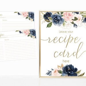 Recipe Cards Bridal Shower, Recipe Sign, Navy Blue Blush Rose Flowers ...