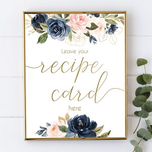 Recipe Cards Bridal Shower, Recipe Sign, Navy Blue Blush Rose Flowers ...
