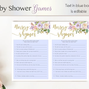 Baby Shower Games Purple Gold Lilac, Editable Baby Shower Game Package ...