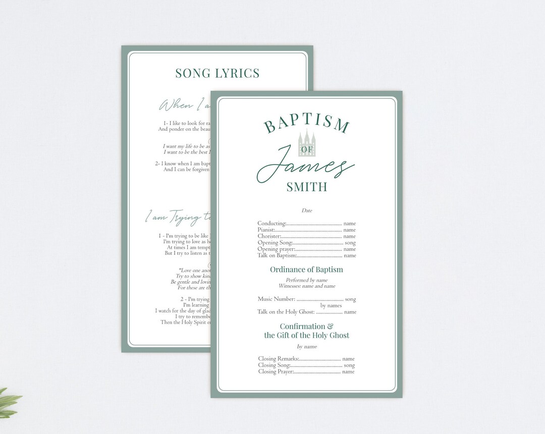 LDS Baptism Program, Editable Baptism Program, Green Baptism Program ...