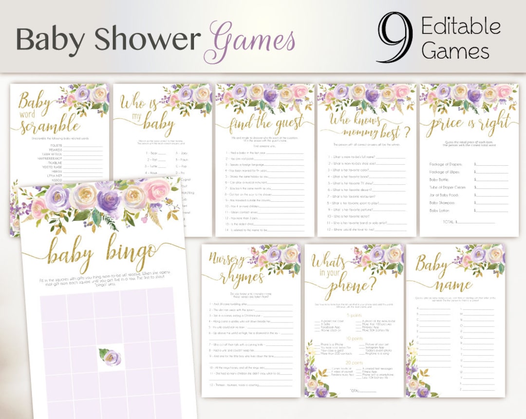 Baby Shower Games Purple Gold Lilac, Editable Baby Shower Game Package ...