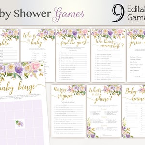 Baby Shower Games Purple Gold Lilac, Editable Baby Shower Game Package ...