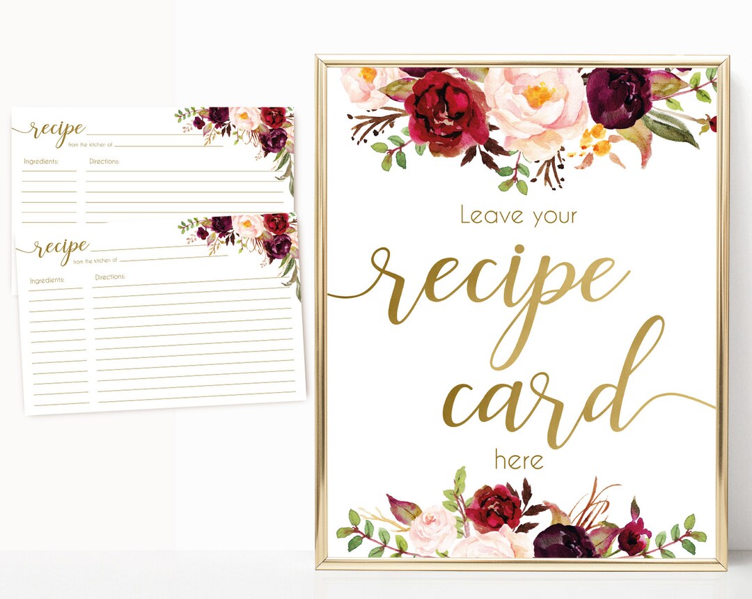 Recipe Cards Bridal Shower, Recipe Sign, Recipe Card Printable, Marsala ...
