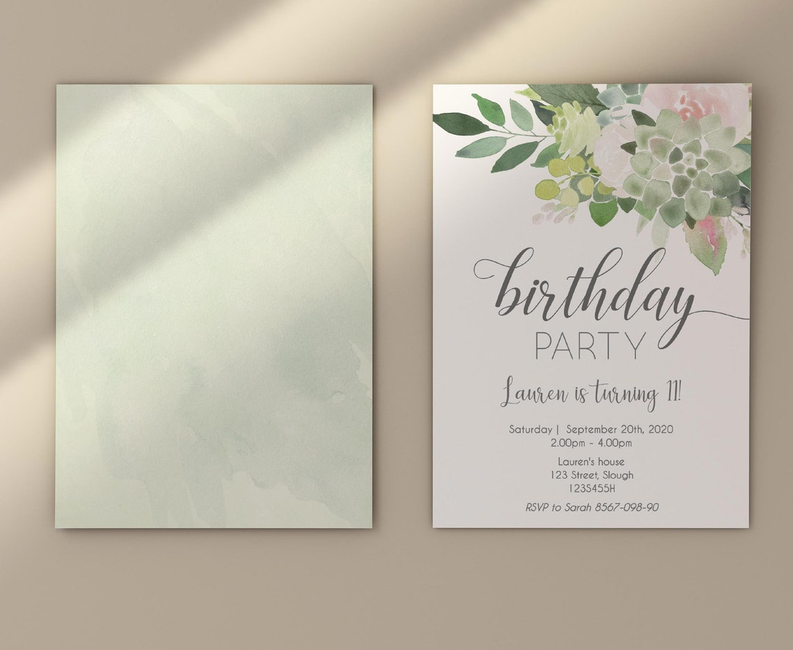 Succulent Birthday Party Invitation Editable Succulent Dusty - Etsy