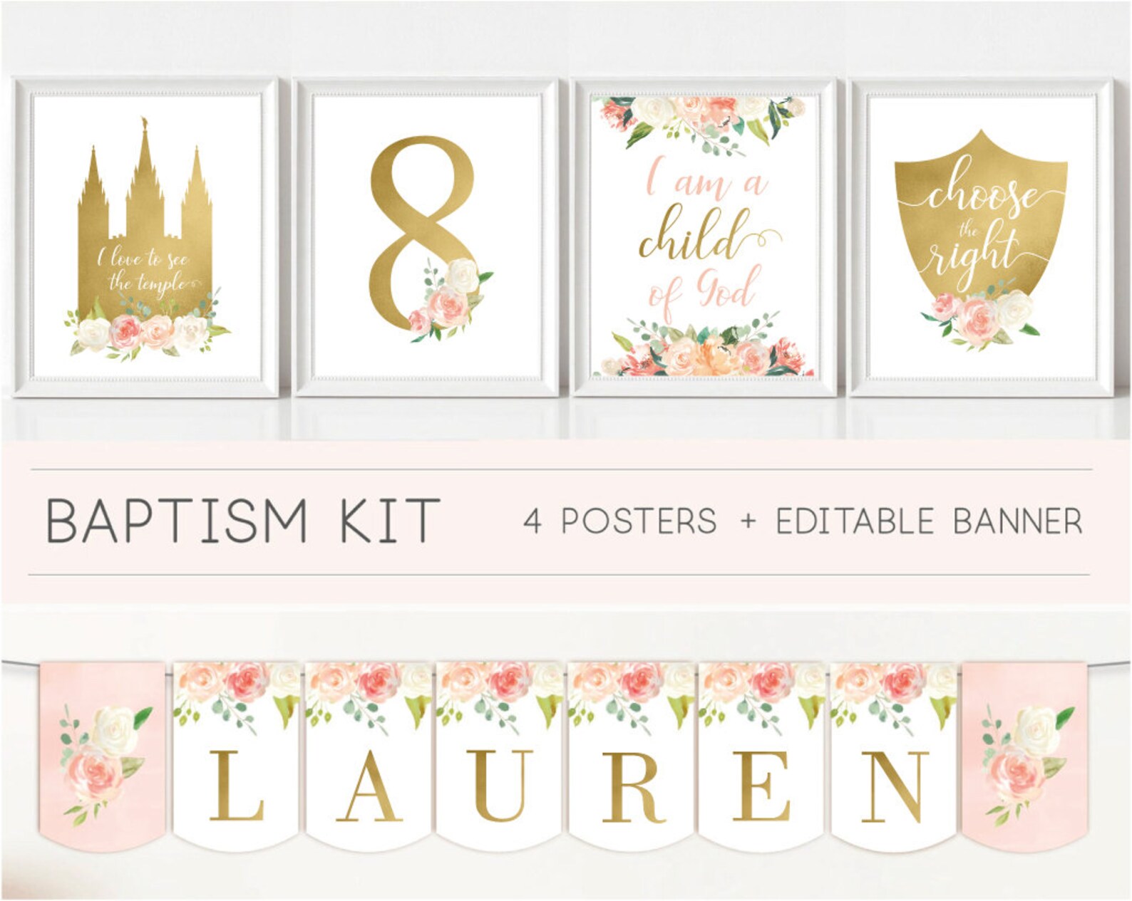 Baptism Girl Kit Poster Baptism Editable Banner Peach - Etsy